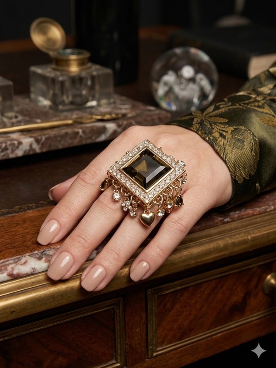Jewelry | Statement Square Cocktail Ring With Smoky Gem And Dangles ...